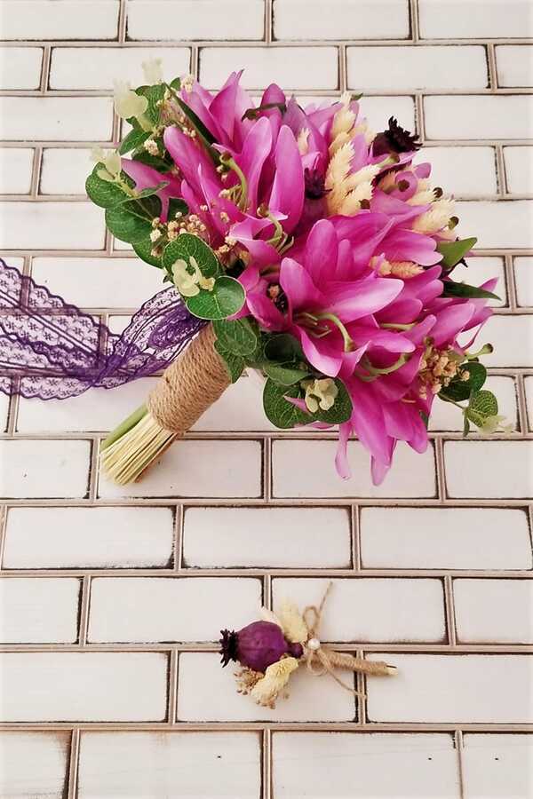 Açık Mor Lilyum Şöleni Gelin Buketi Tiara 2li Set Kuru Çiçek Gelin ...