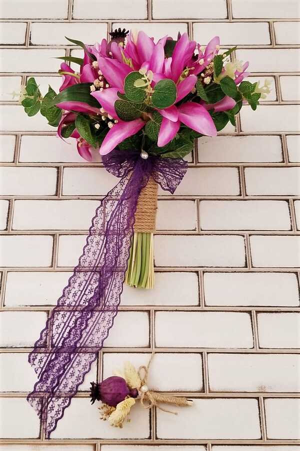 Açık Mor Lilyum Şöleni Gelin Buketi Tiara 2li Set Kuru Çiçek Gelin ...