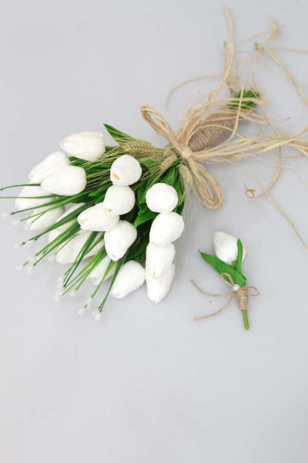 Gonca Islak Lale Gelin Çiçeği 2li Set Beyaz Laleli Gelin Buketi Yapay ...