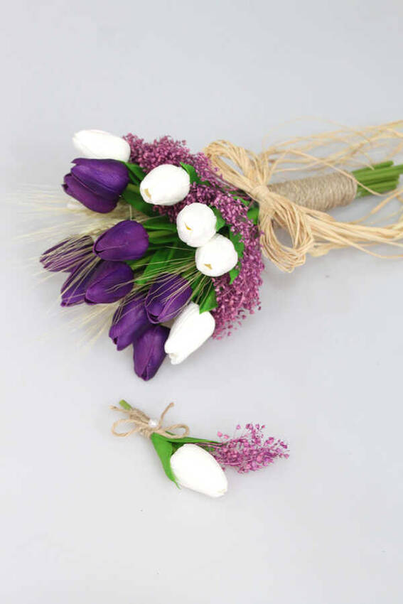 Gonca Islak Lale Gelin Çiçeği 2li Set Beyaz-Mor Tüm Gelin Buketleri ...
