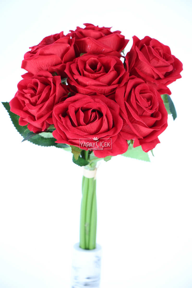 Yapay 7li Kadife Ekvator Gülü Boru Saplı Kırmızı Premium Demetler Yapay ...